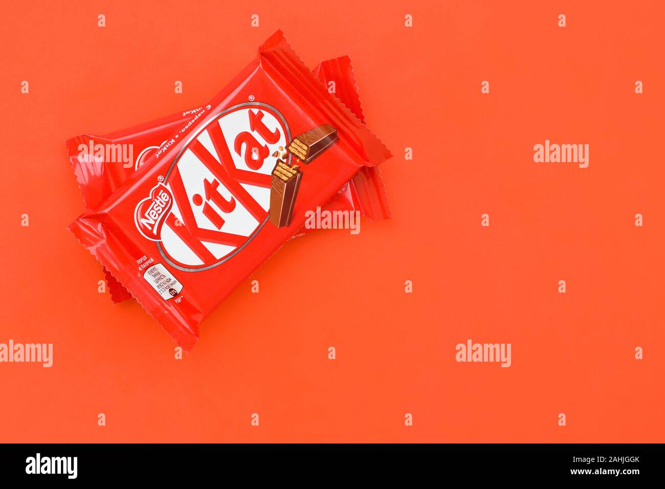 NY, USA - DECEMBER 4, 2019: Kit Kat chocolate bar in red wrapping lies ...