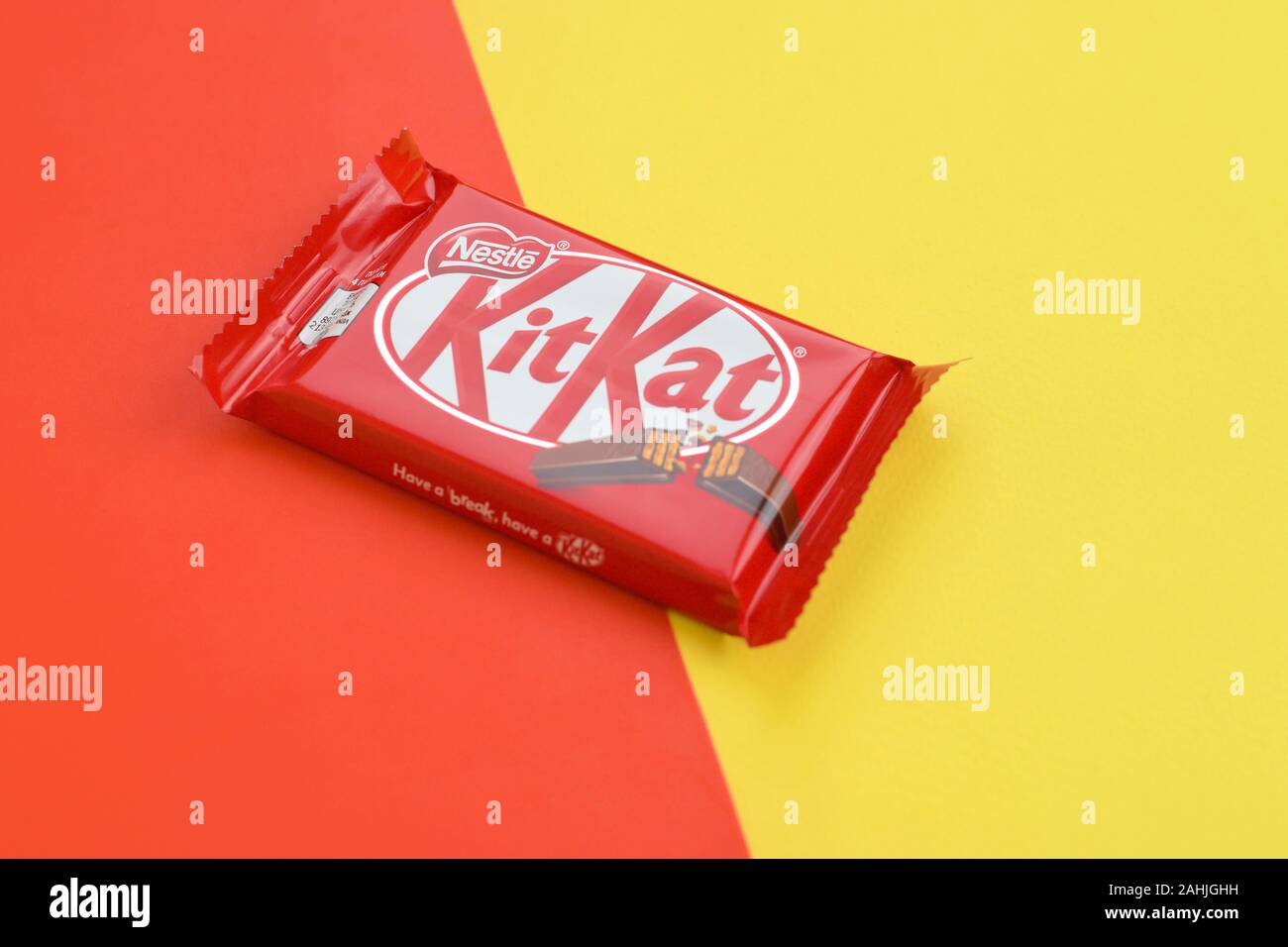 NY, USA - DECEMBER 4, 2019: Kit Kat chocolate bars in red wrapping lies ...