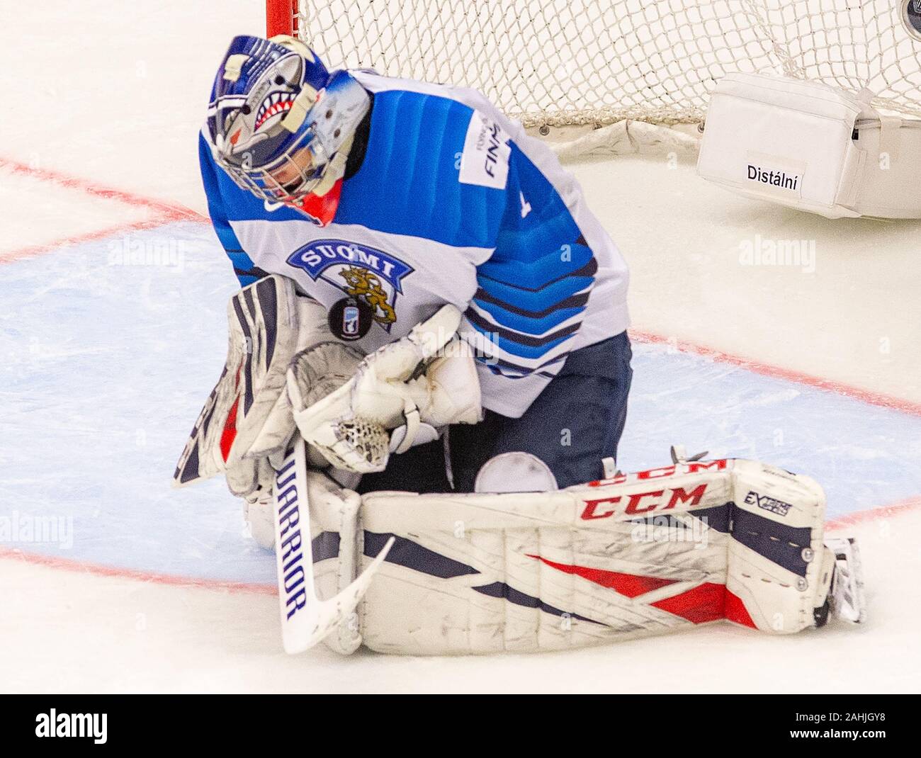 Goalkeeper Kari Piiroinen (FIN) in action during the 2020 IIHF World Junior Ice Hockey ...