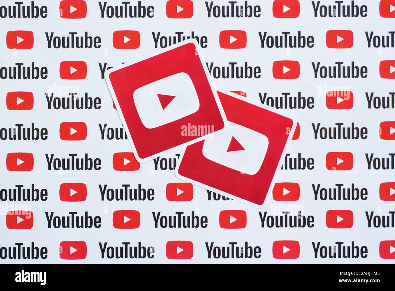 NY, USA - DECEMBER 5, 2019: Youtube logo sticker on pattern printed on ...