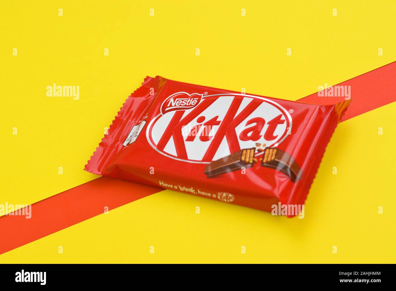 NY, USA - DECEMBER 4, 2019: Kit Kat chocolate bars in red wrapping lies ...