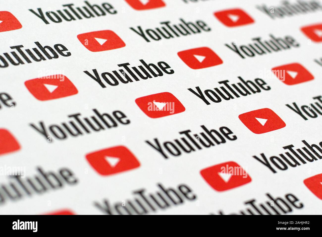 NY, USA - DECEMBER 5, 2019: Youtube pattern printed on paper with small ...