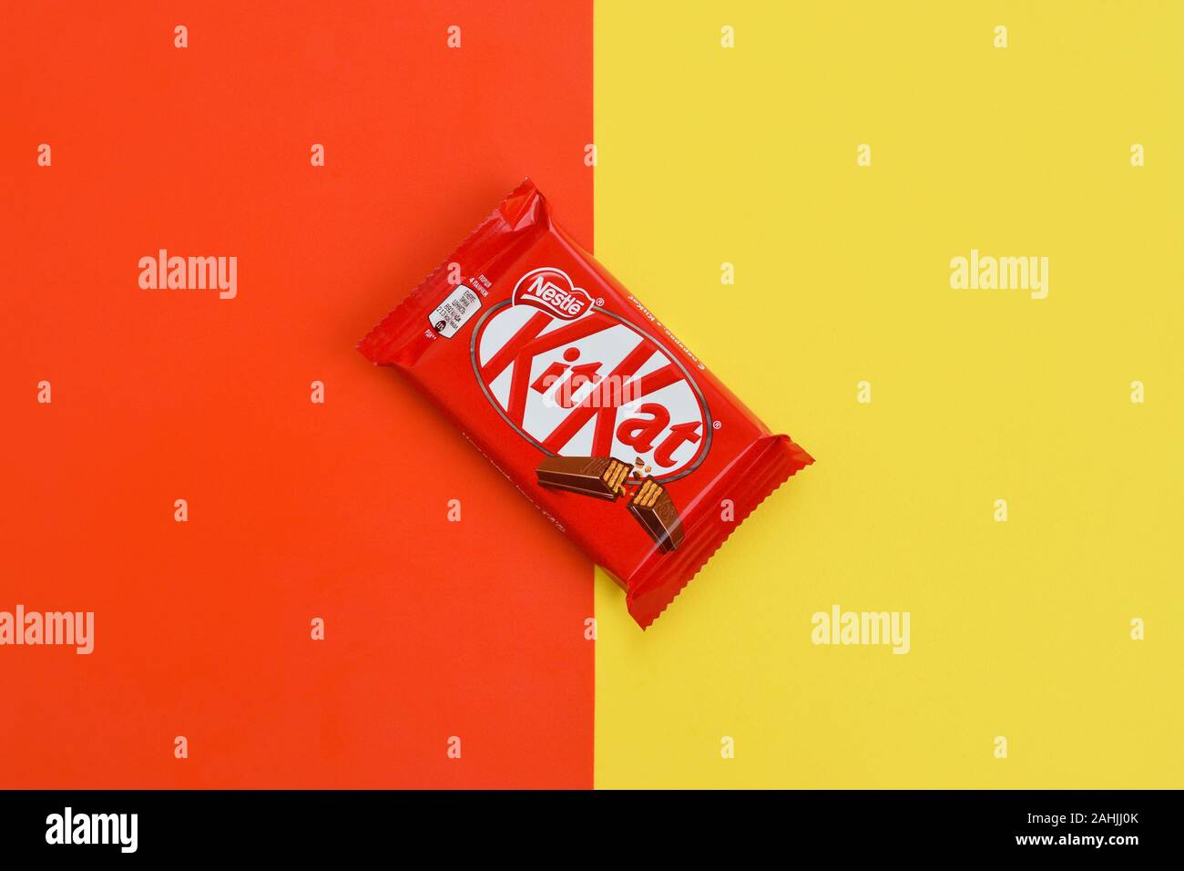 NY, USA - DECEMBER 4, 2019: Kit Kat chocolate bars in red wrapping lies ...