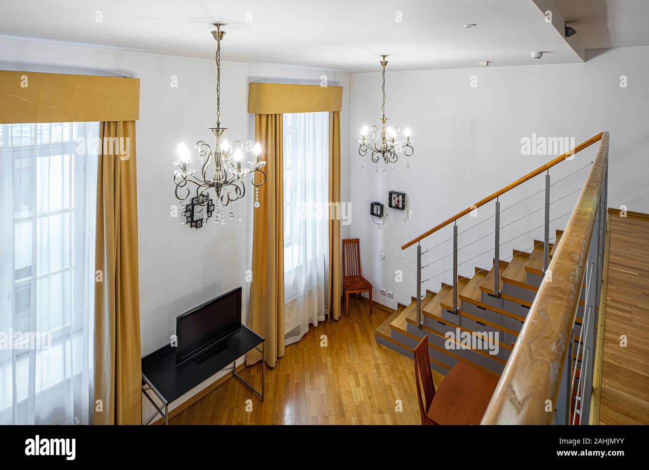 View of living room from the second floor. Private house. Modern ...