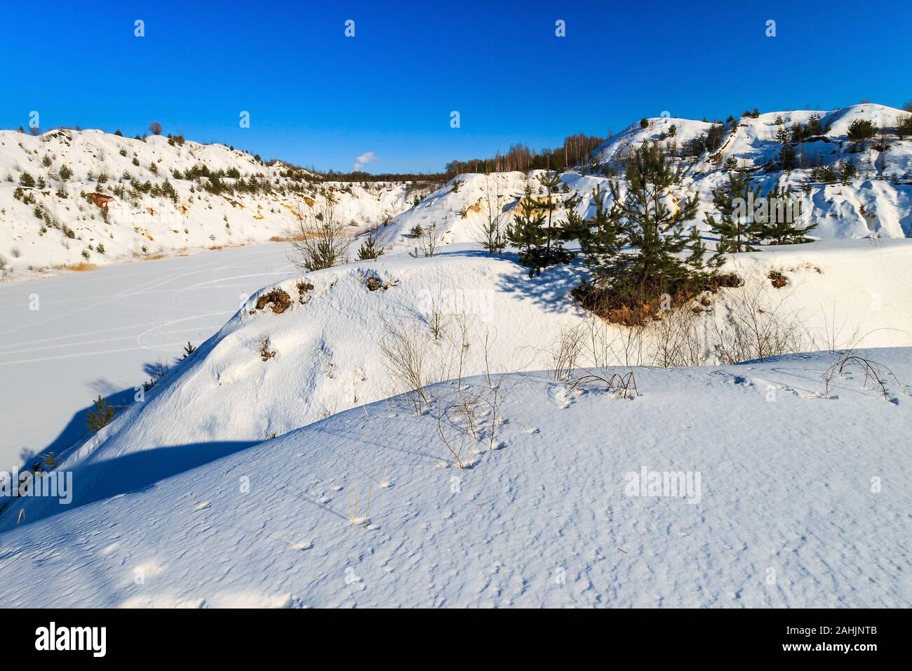 Hills covered with snow in winter with pines, trees and blue sky ...