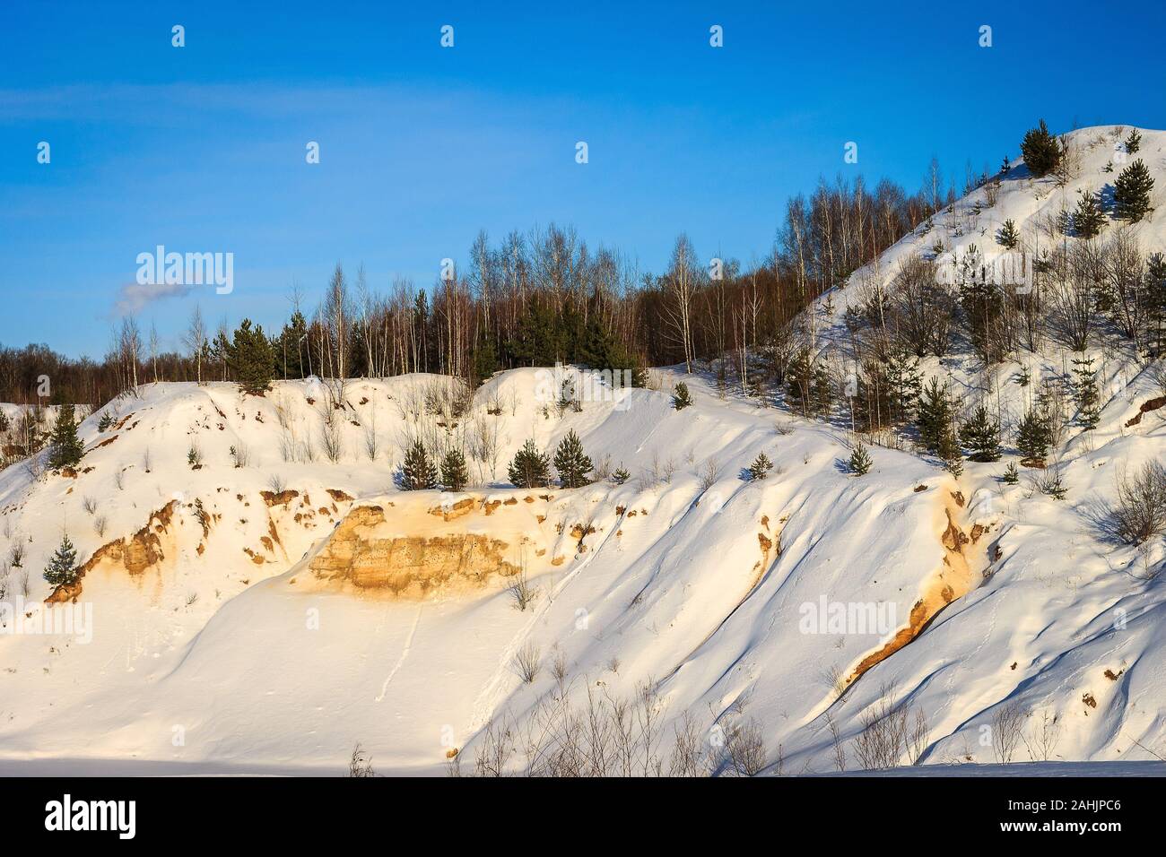 Hills covered with snow in winter with pines, trees and blue sky ...