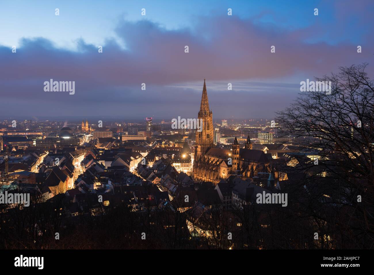 night cityscape from Freiburg im Breisgau, a university city in ...