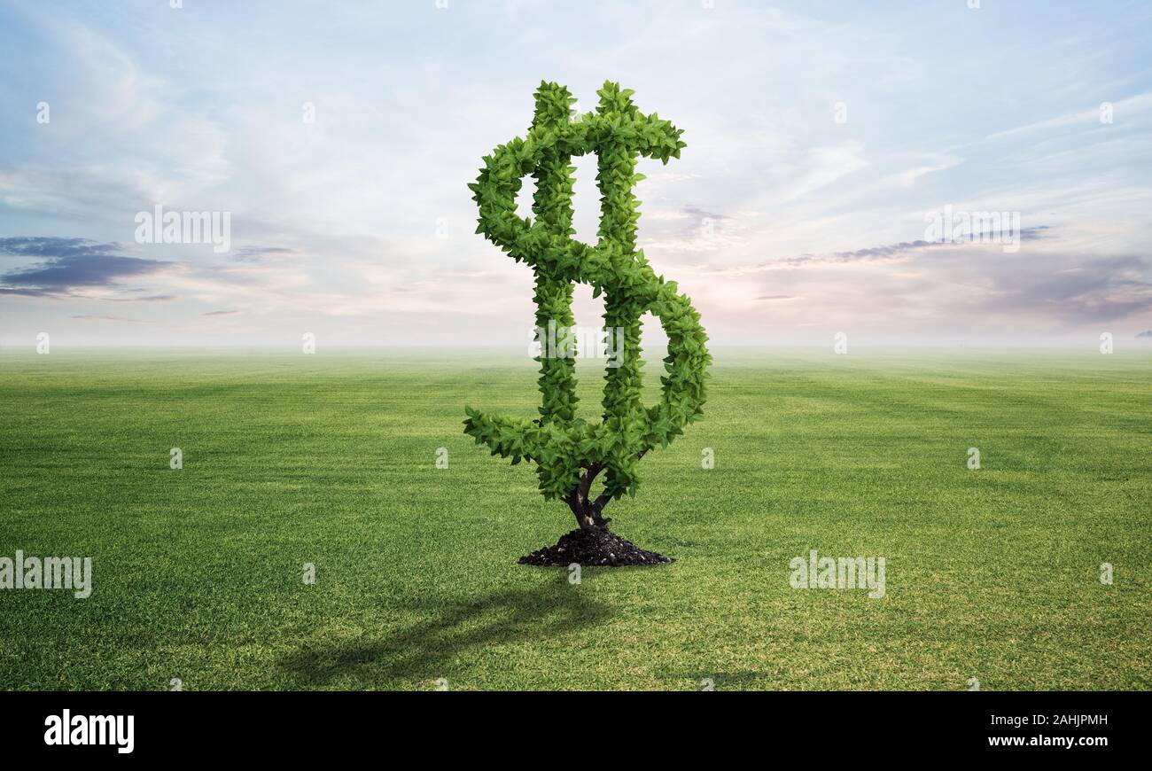 Green plant in shape of dollar sign grows at green field. Nature ...