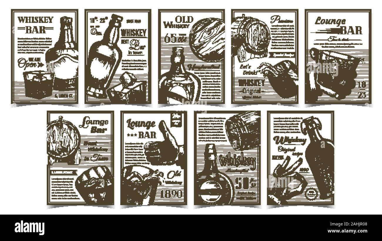 Whiskey Lounge Bar Advertising Posters Set Vector Stock Vector Image ...