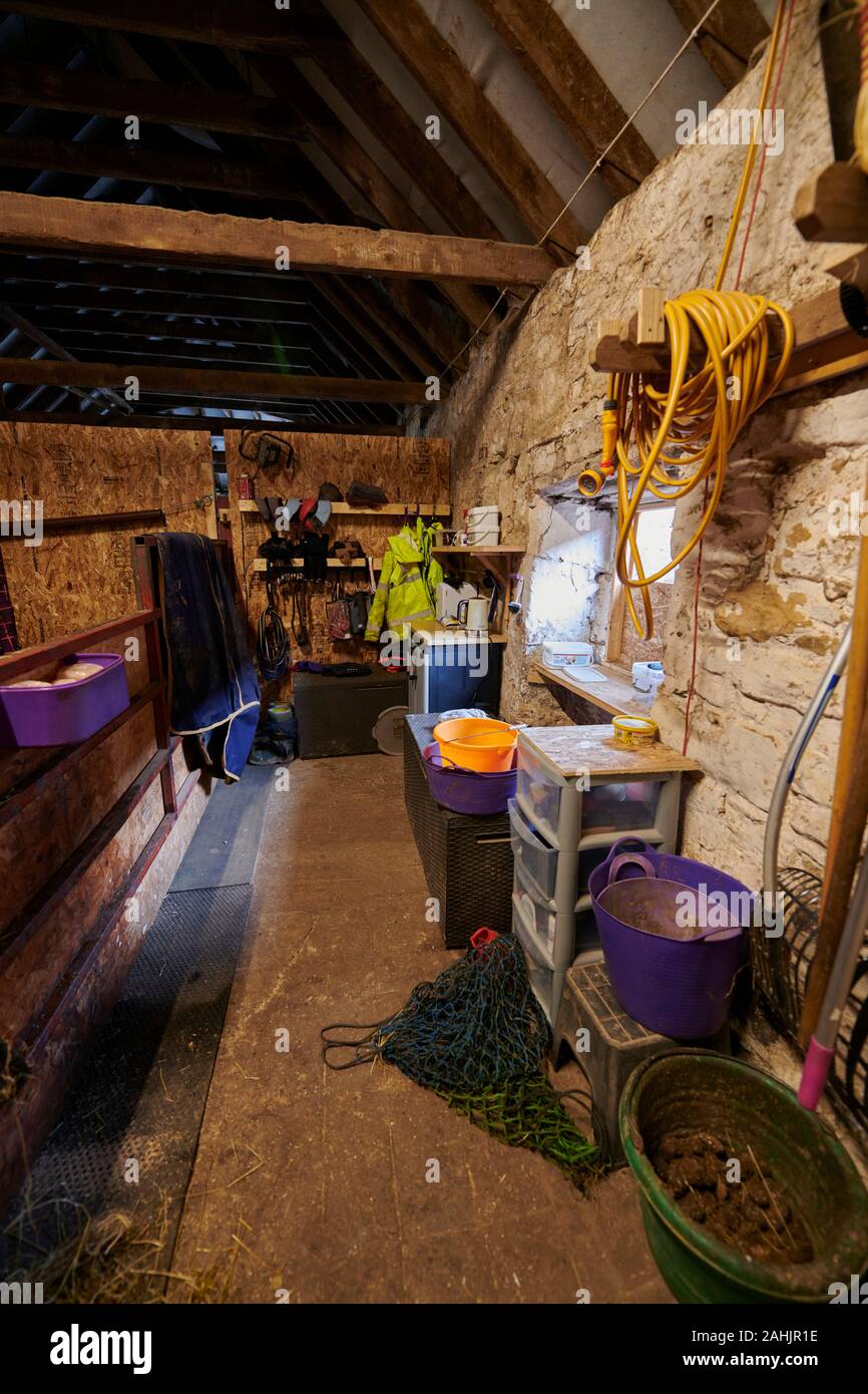 Traditional stables with tack and assorted items for caring for a horse ...