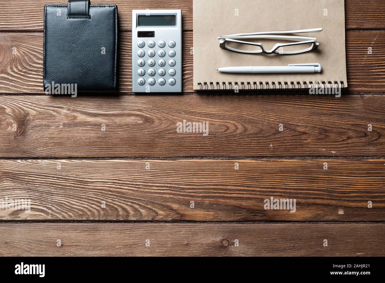 Still life of accountant workspace with office accessories. Flat lay ...