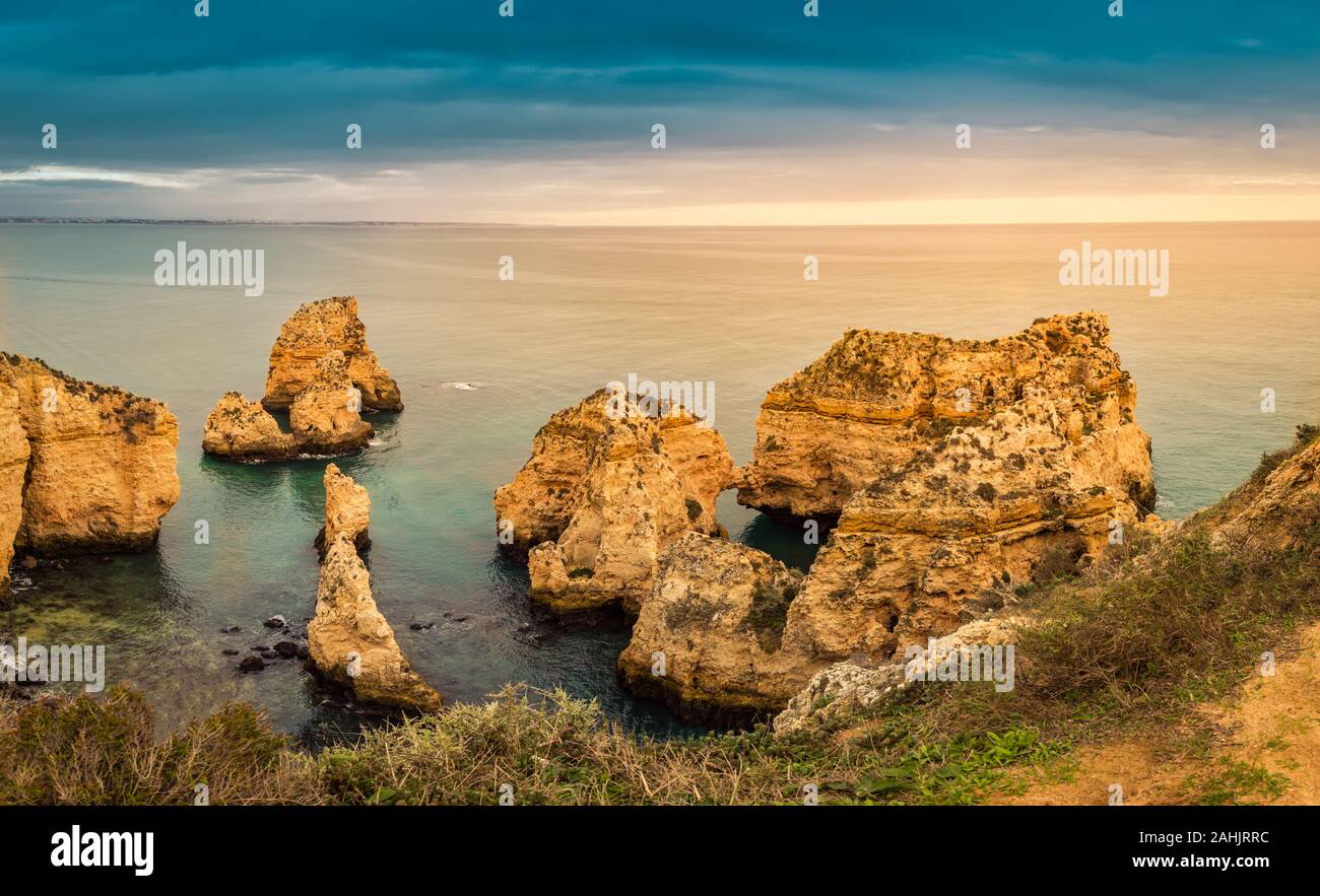Ponta da Piedade cliffs at sunset near Lagos, Portugal. Beautiful ...