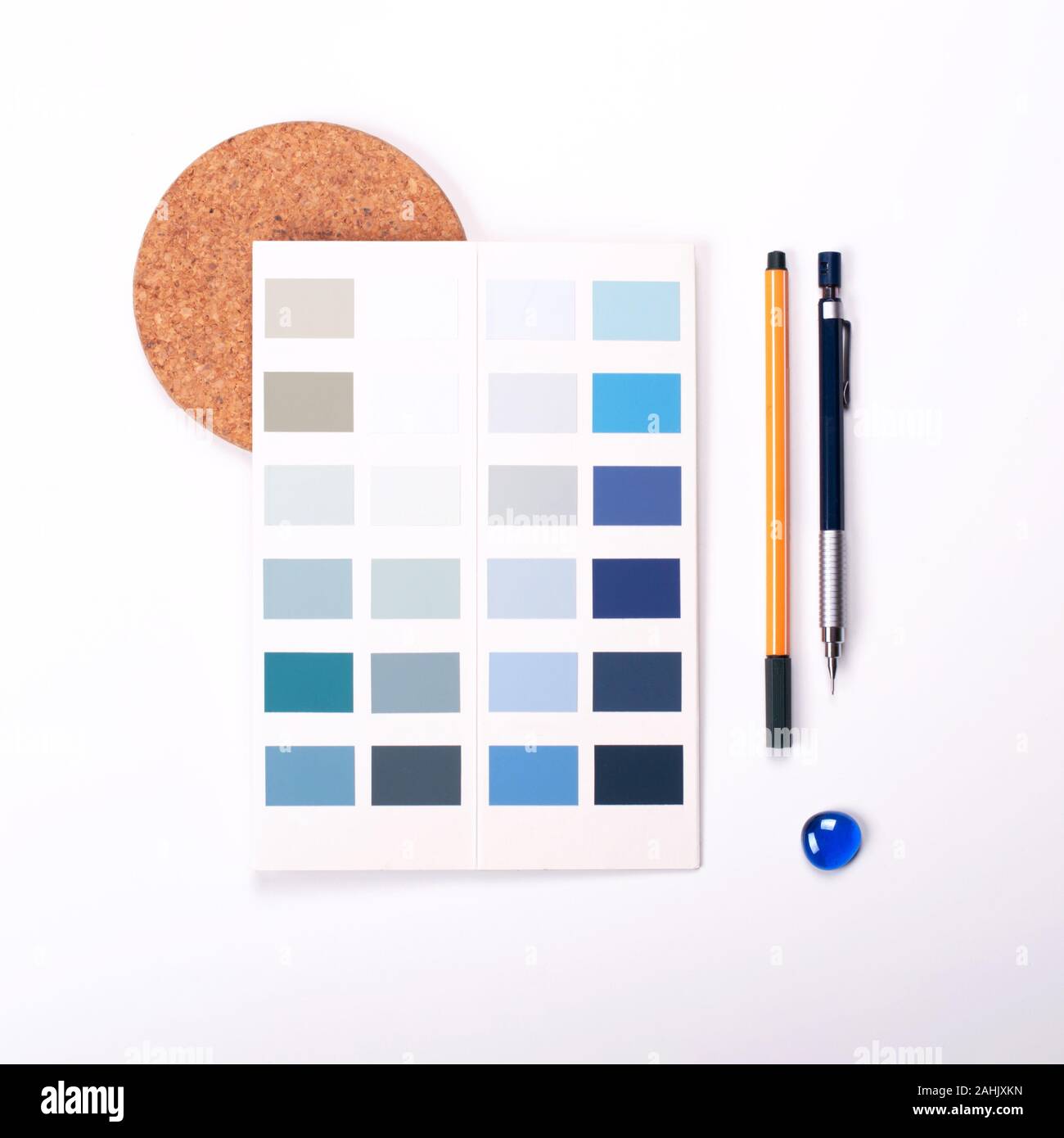 Shades of trending blue color swatches on white background with ...