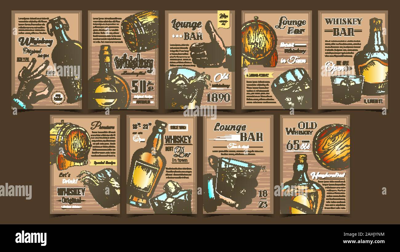 Whiskey Lounge Bar Advertising Posters Set Vector Stock Vector Image ...