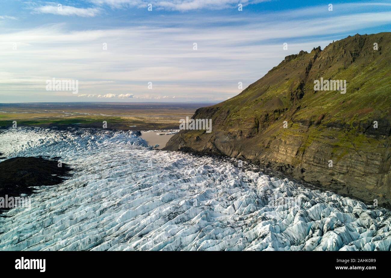 Aerial view of glacier - pattern with diagonal lines, Sudurland ...