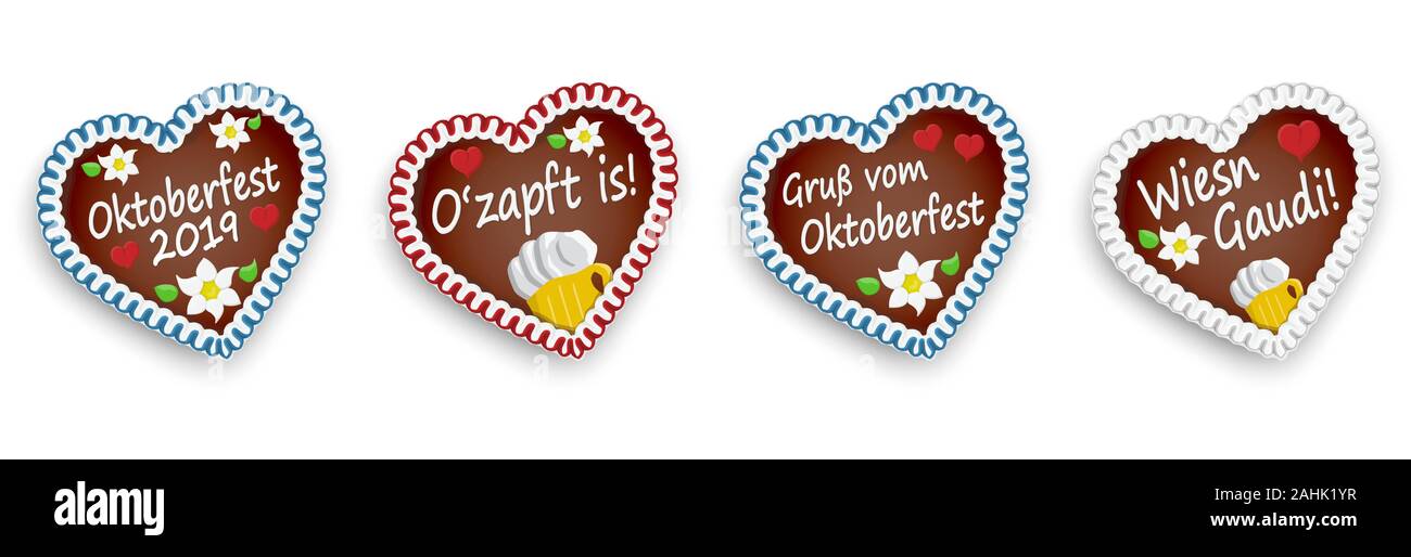 illustrated gingerbread hearts with text in german for Oktoberfest 2019 ...