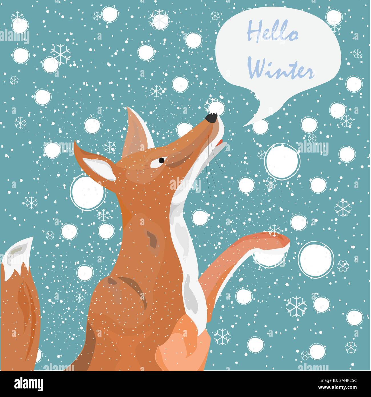 Orange Fox Catching Snowflakes and saying "Hello Winter" vector ...