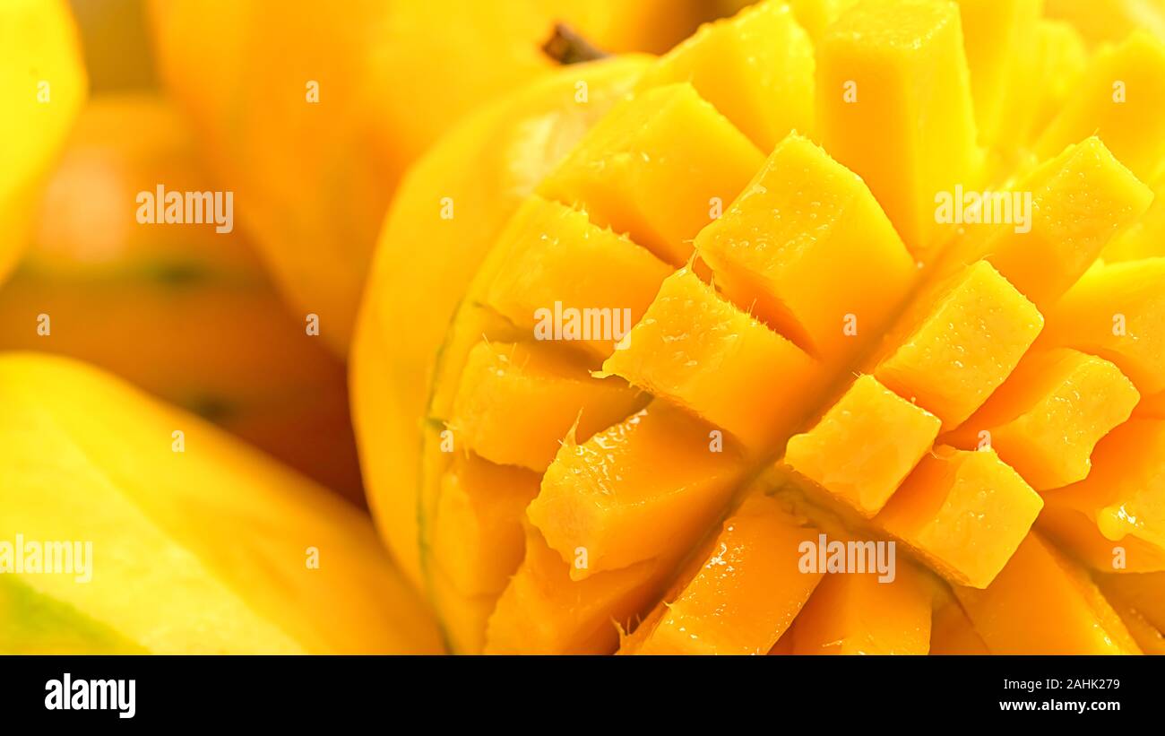close up Mango fruit and mango cubes macro photography texture ...
