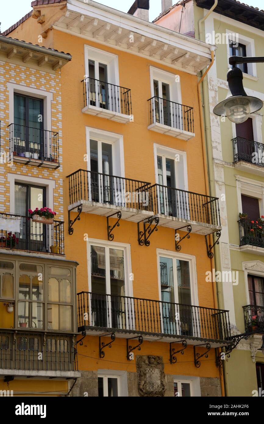 Traditional residential buildings in the old town of Pamplona, the ...