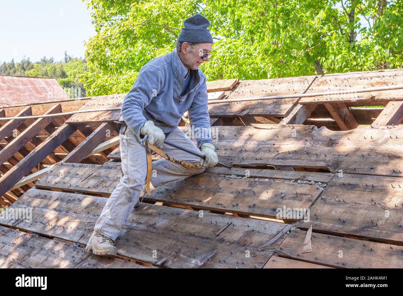 Carpenters working on an old house in Ashfield, Massachusetts Stock ...