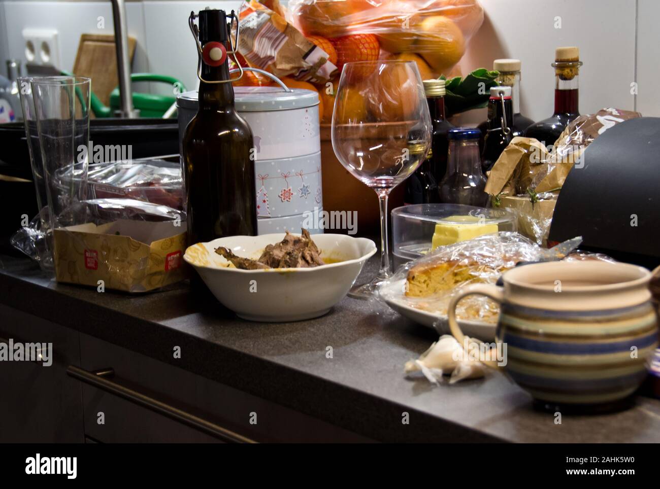 A very dirty kitchen after cooking a meal for a celebrity, with used ...