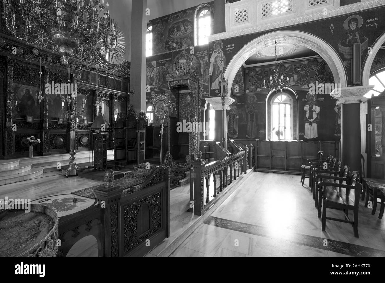 Internal viewing of traditional Cretan church displaying varying ...