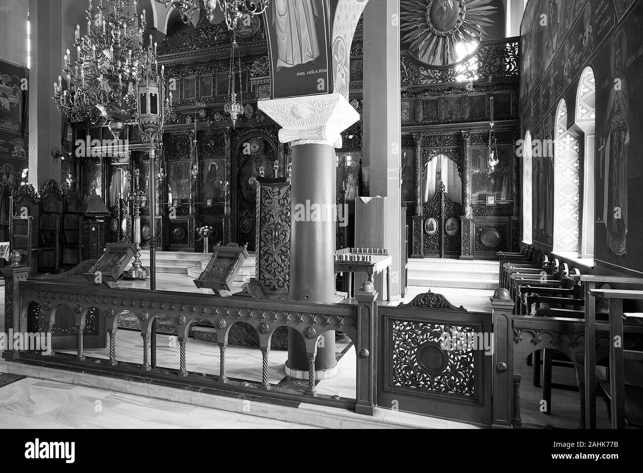 Internal viewing of traditional Cretan church displaying varying ...