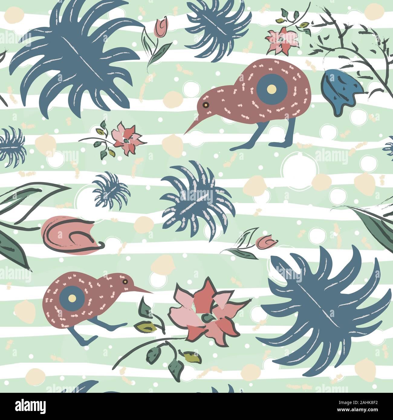 Seamless Floral Pattern with exotic kiwi bird. Hand Drawn. Vector ...