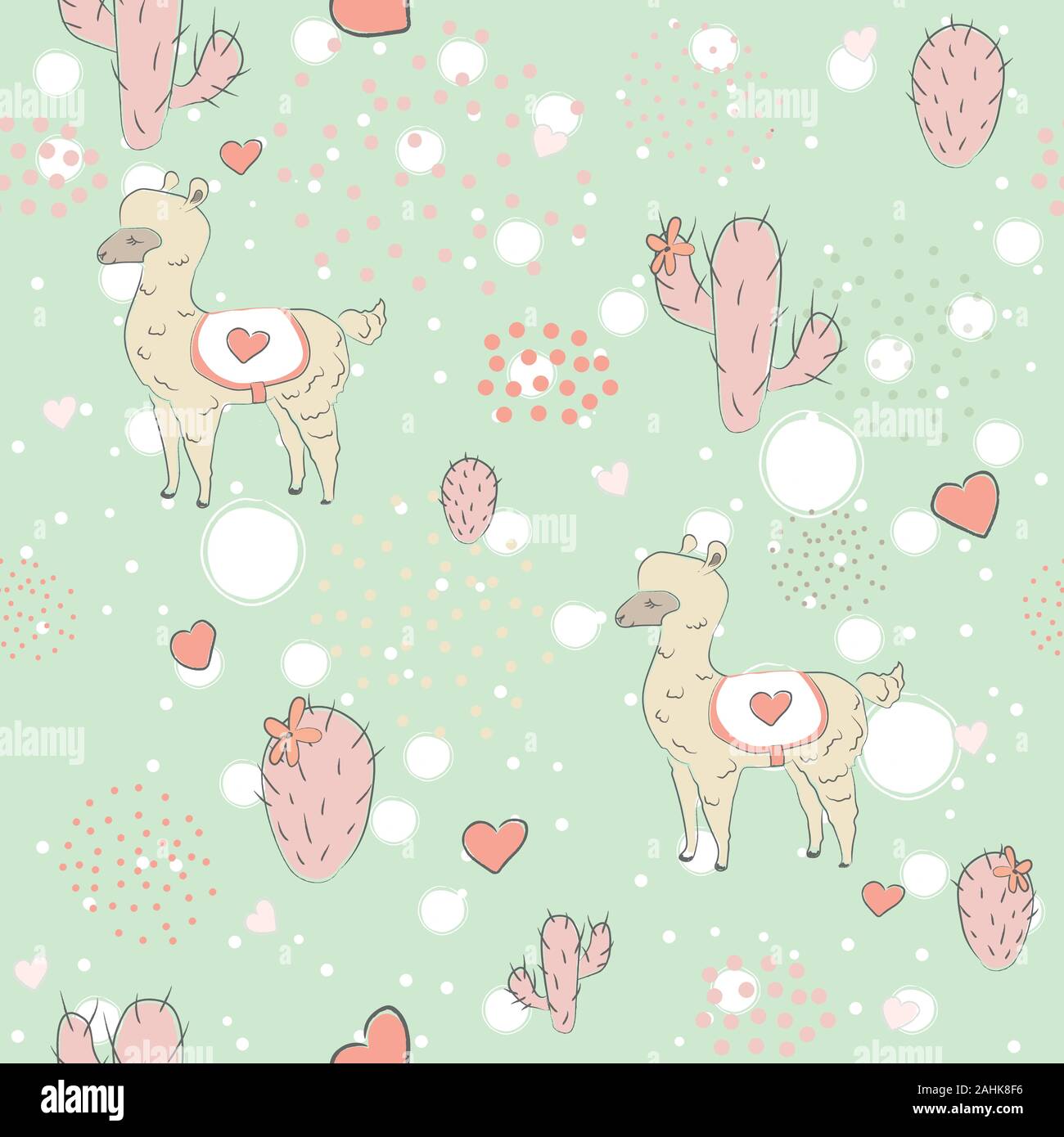Seamless Alpaca Pattern with cacti, hearts and dots on dark background ...