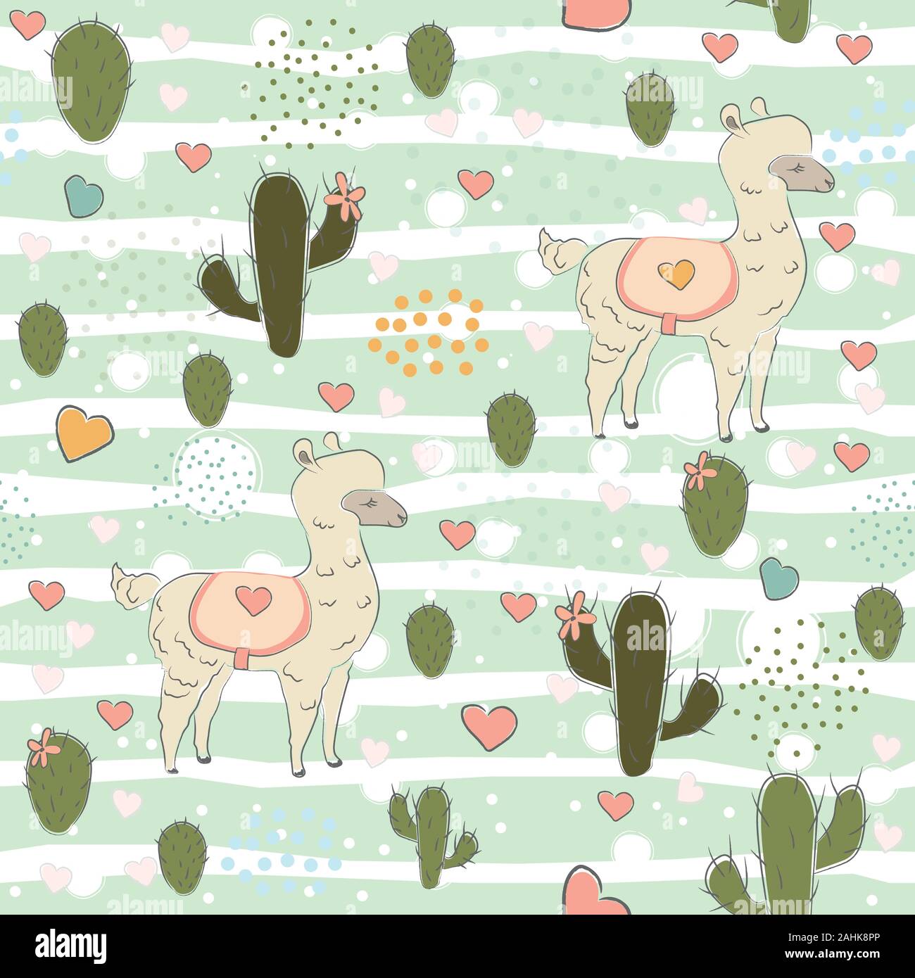 Seamless Alpaca Pattern with cacti, hearts and dots on dark background ...