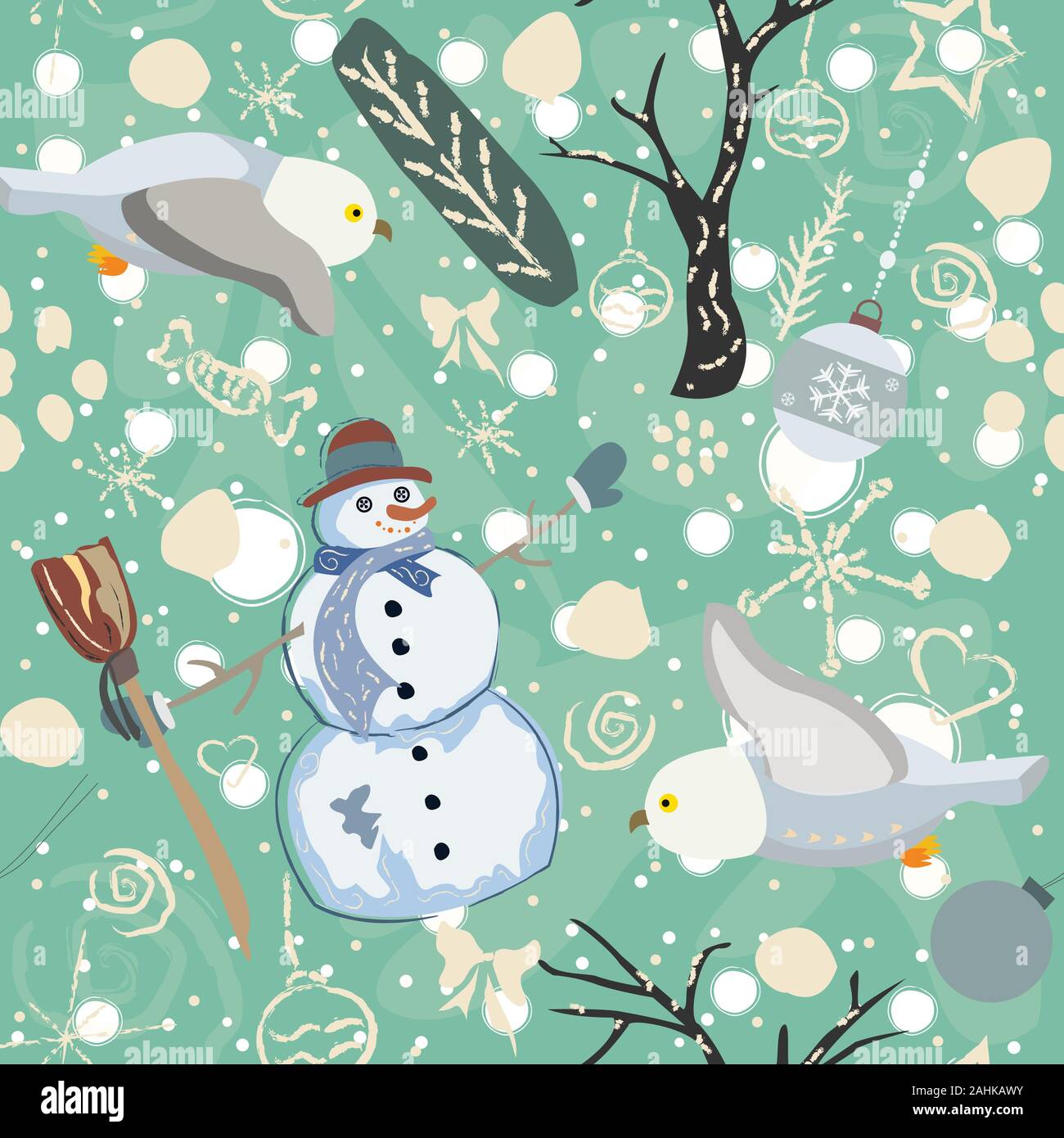 Seamless Winter Pattern with Snowman and Owls. Vector Illustration ...