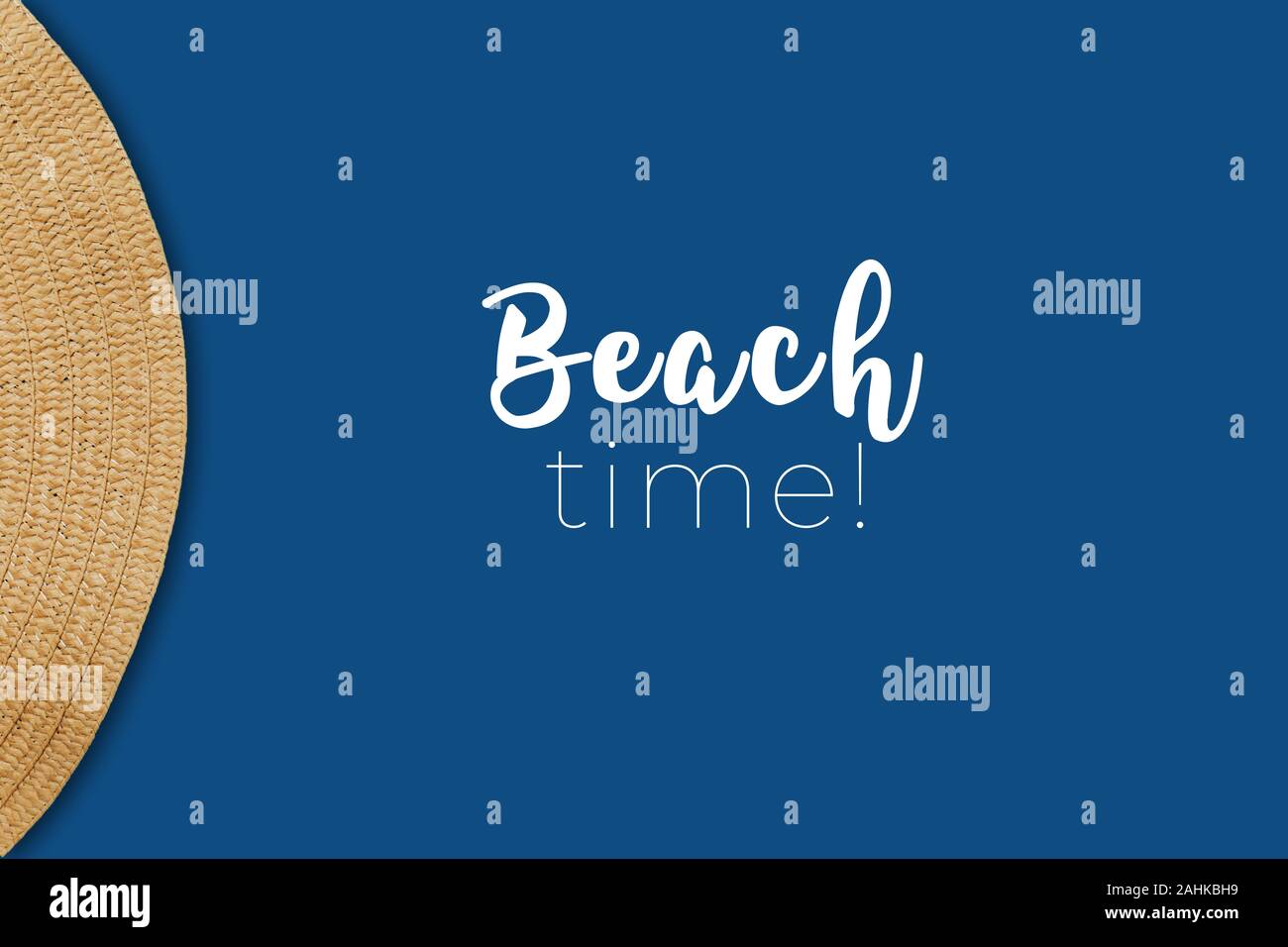 Overhead view of straw hat detail on the classic blue background with ...