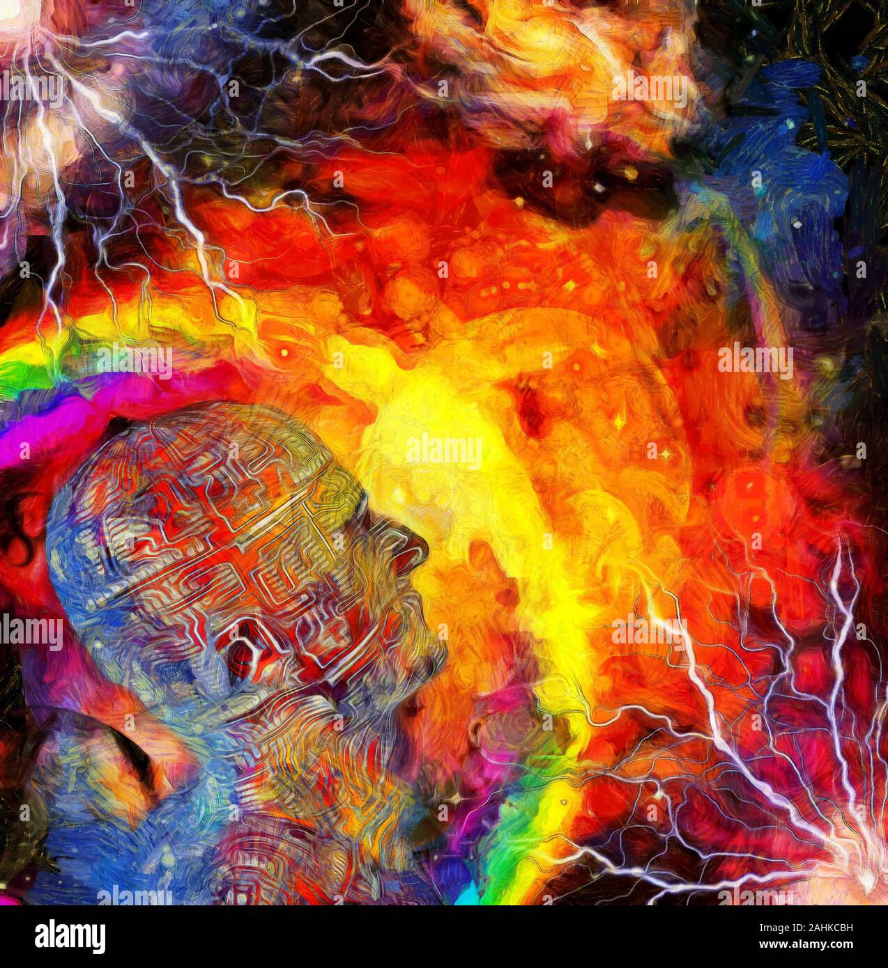 Surreal painting. Transparent head with electric circuit pattern ...