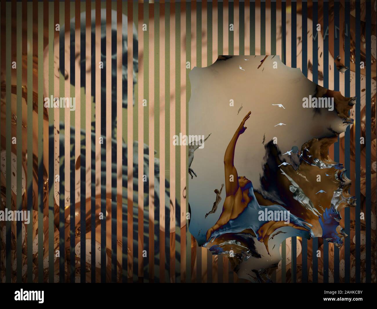 Surrealism. Skeleton, ascending bodies and clock Stock Photo - Alamy