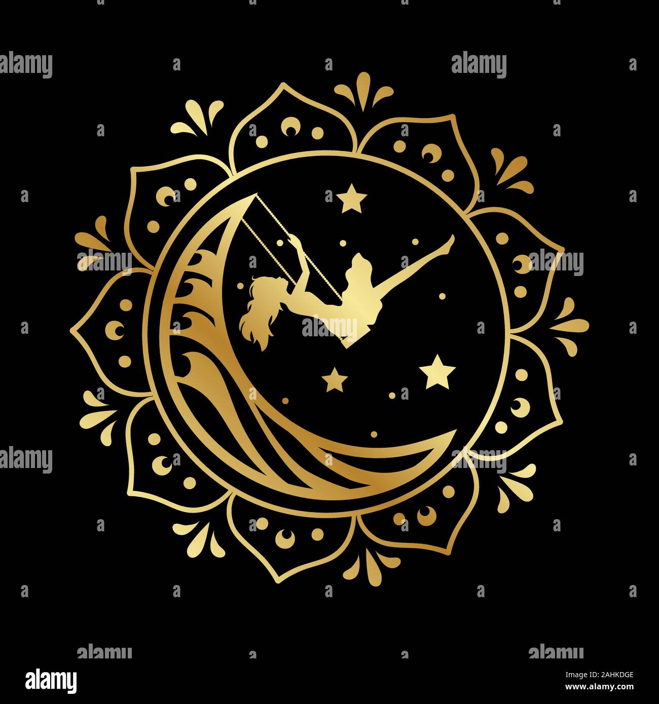 young woman and moon swing inside stylized sun mandala frame Stock ...