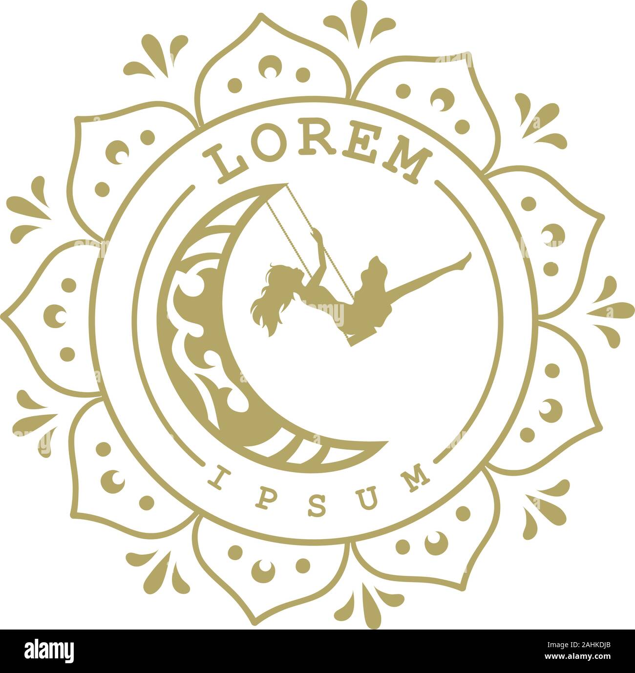 young woman and moon swing inside stylized sun mandala frame Stock ...