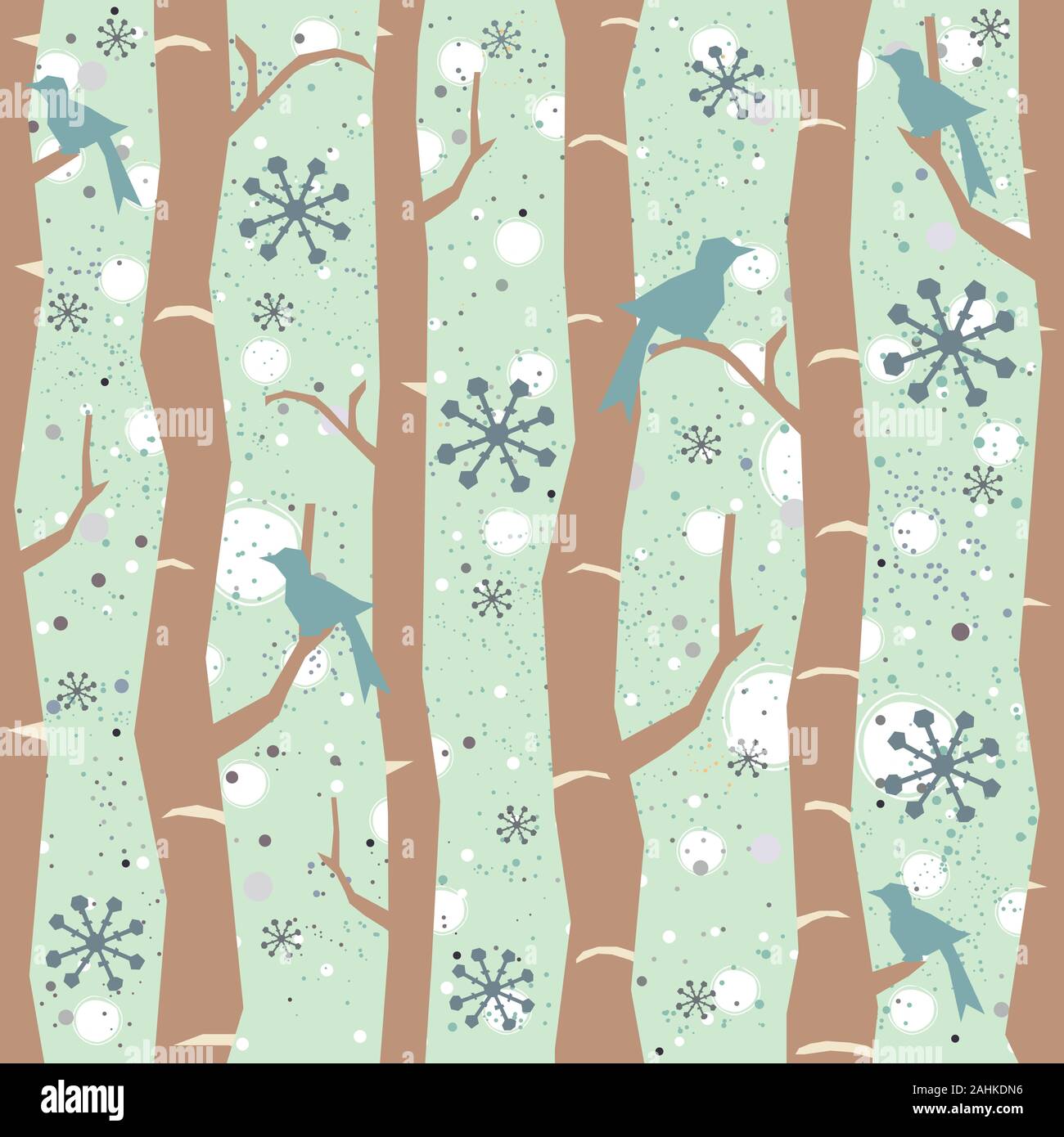 Seamless Tree Pattern with big birds and snowflakes. Winter Design ...