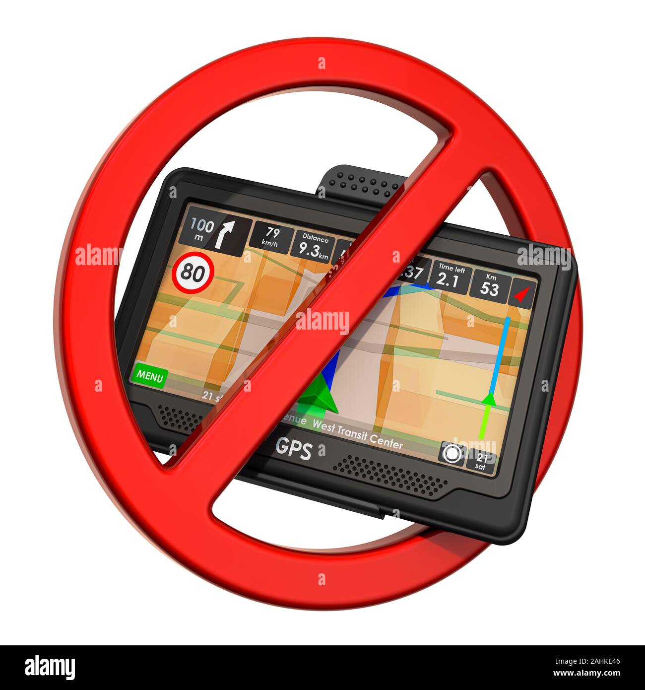 Forbidden sign with GPS navigation device, 3D rendering isolated on ...