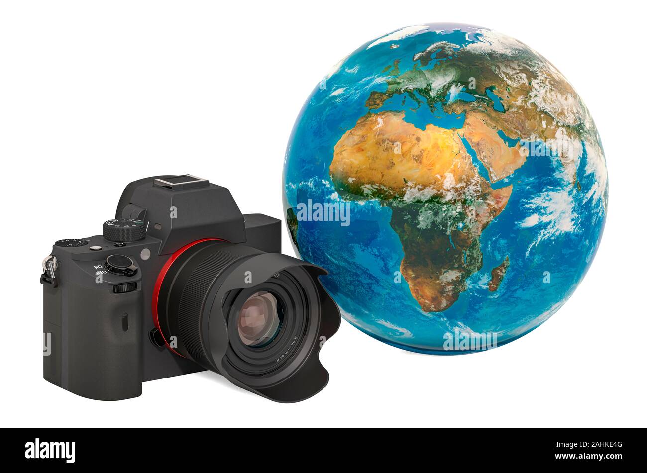 Travel and photo shooting concept. Digital camera with Earth Globe. 3D ...