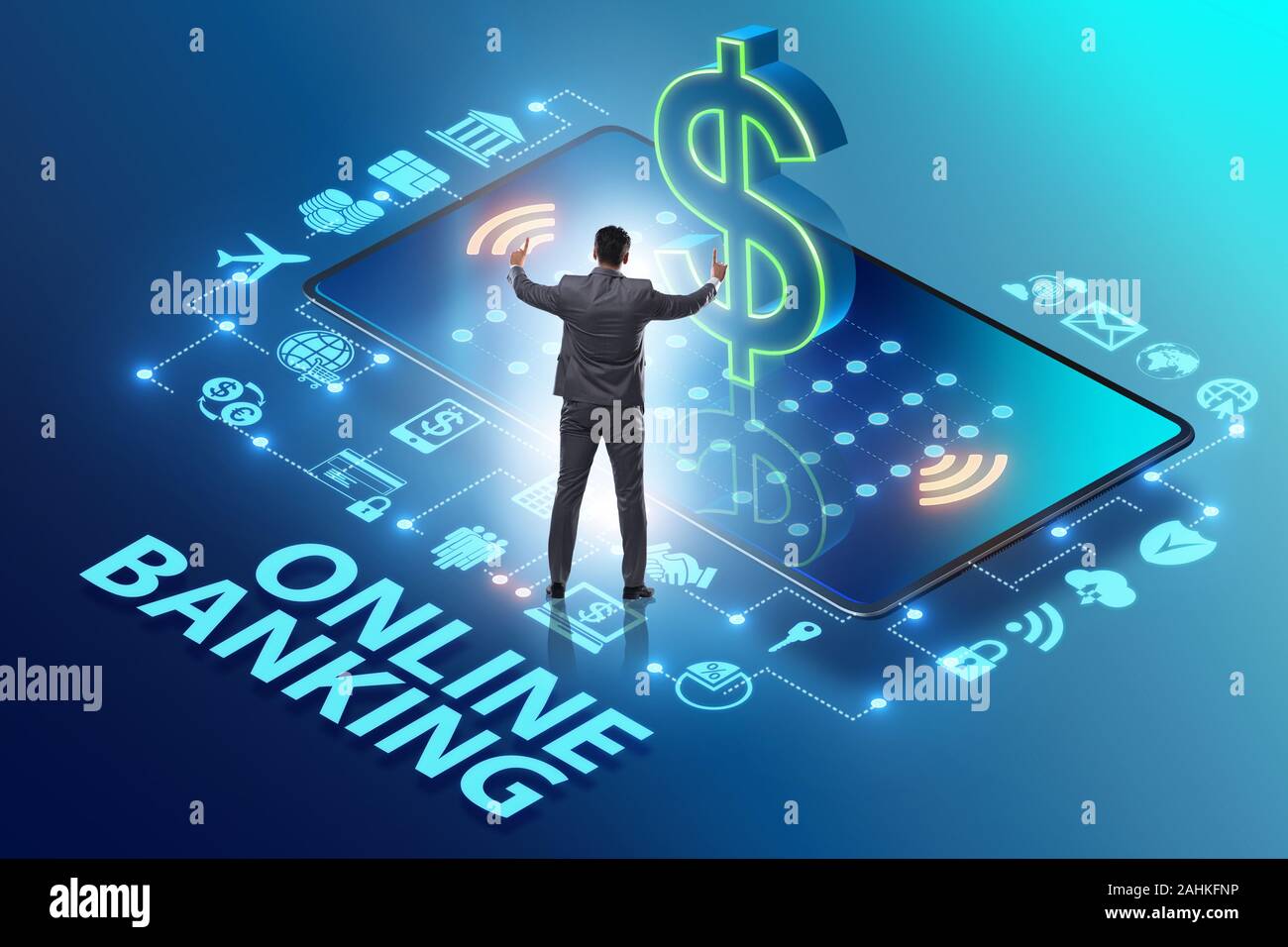 Online banking concept with the businessman Stock Photo - Alamy