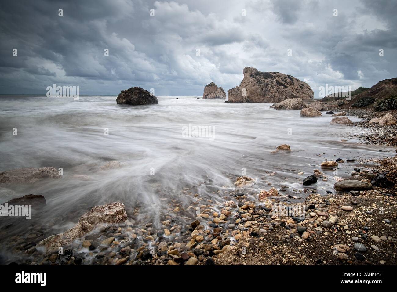 Seascape with windy waves during stormy weather at the rocky coastal ...