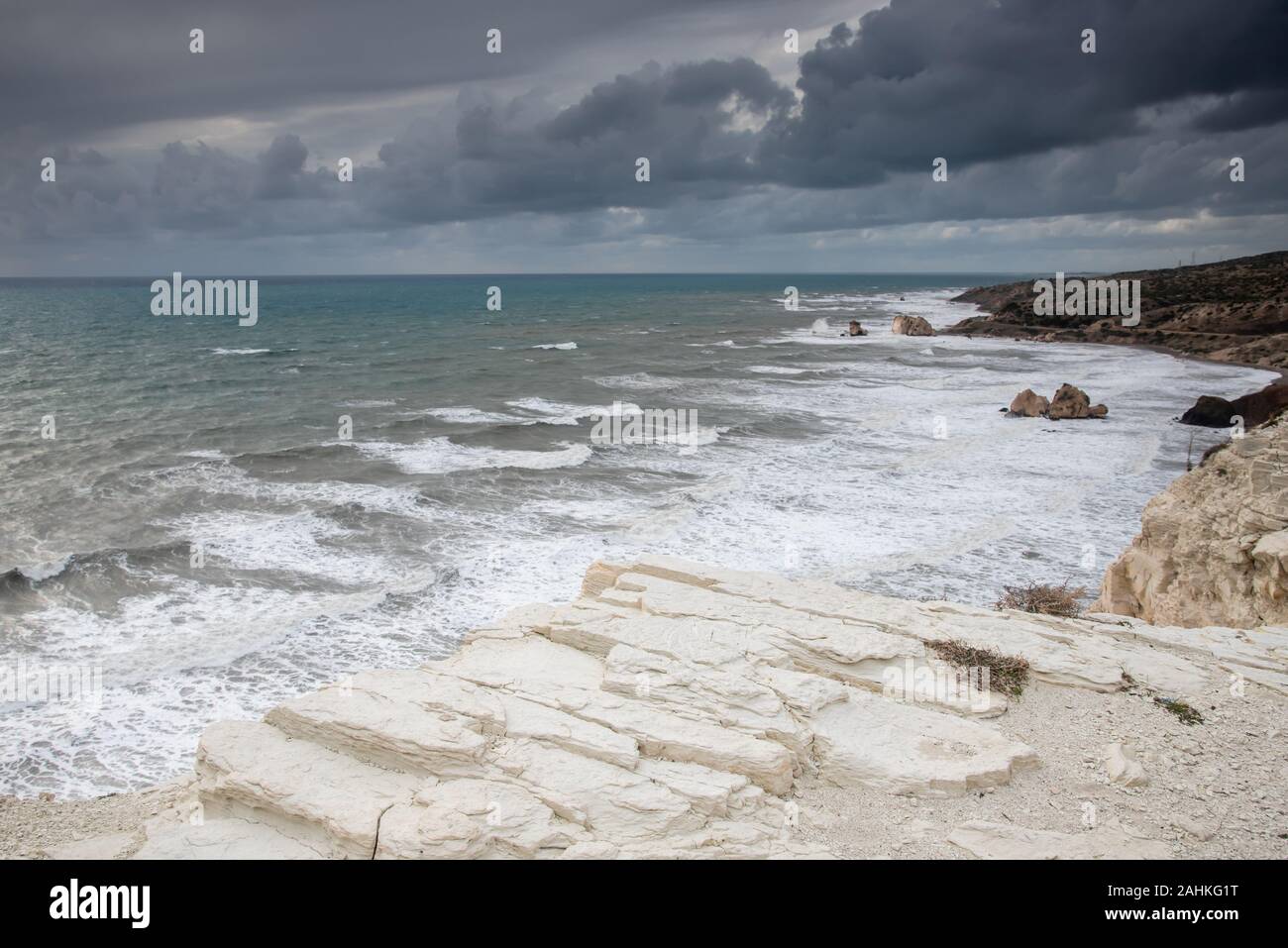 Seascape with windy waves during stormy weather at the rocky coastal ...