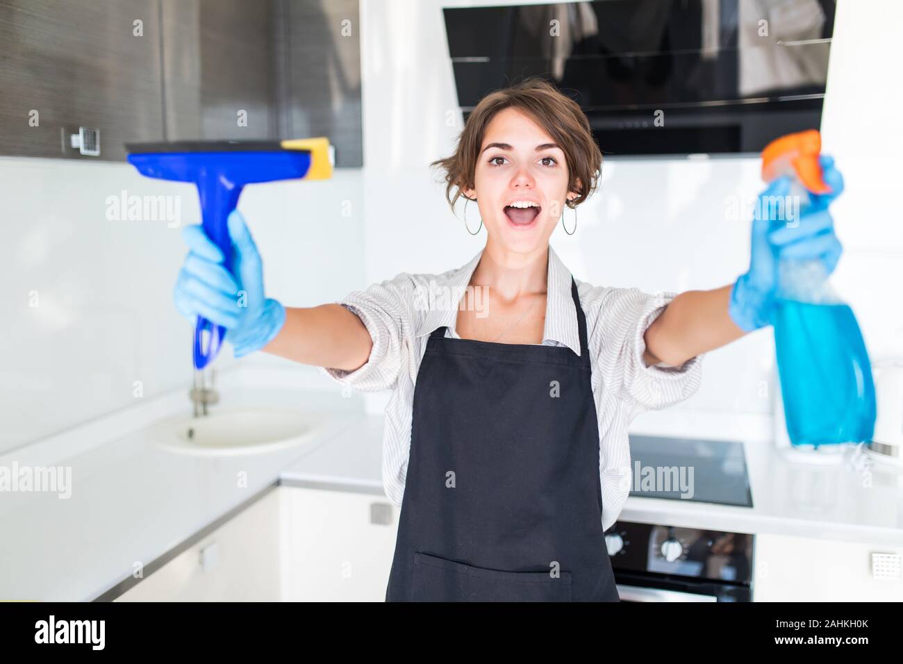 portrait of beautiful woman doing housework Stock Photo - Alamy
