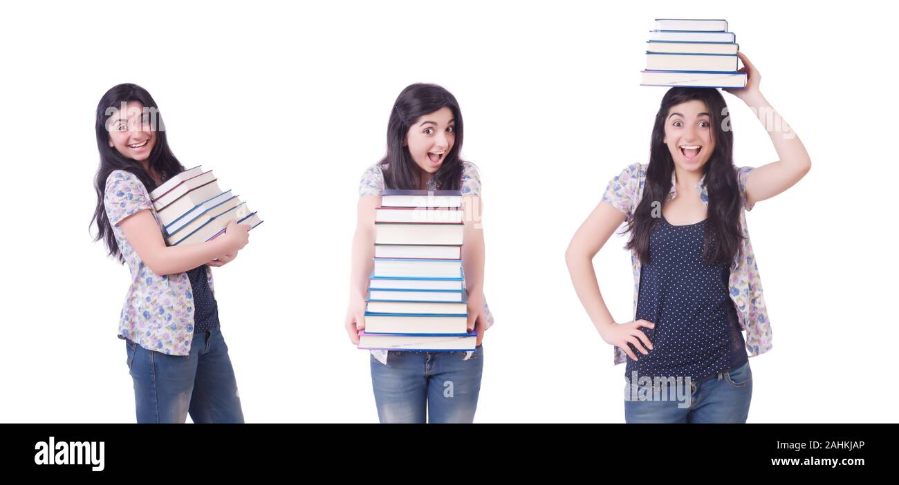 The girl student with books on white Stock Photo - Alamy