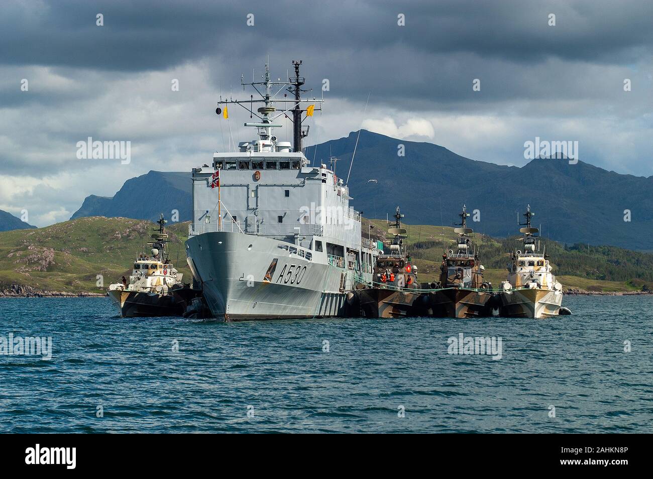 The Norwegian HNoMS Horten (A530) with five Hauk class MTBs rafted ...