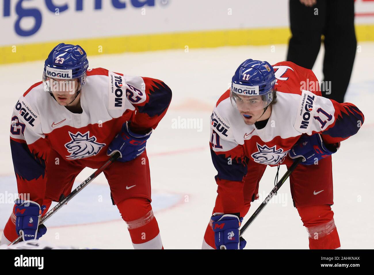L-R Simon Kubicek and Michal Teply (both CZE) in action during the 2020 IIHF World Junior Ice ...