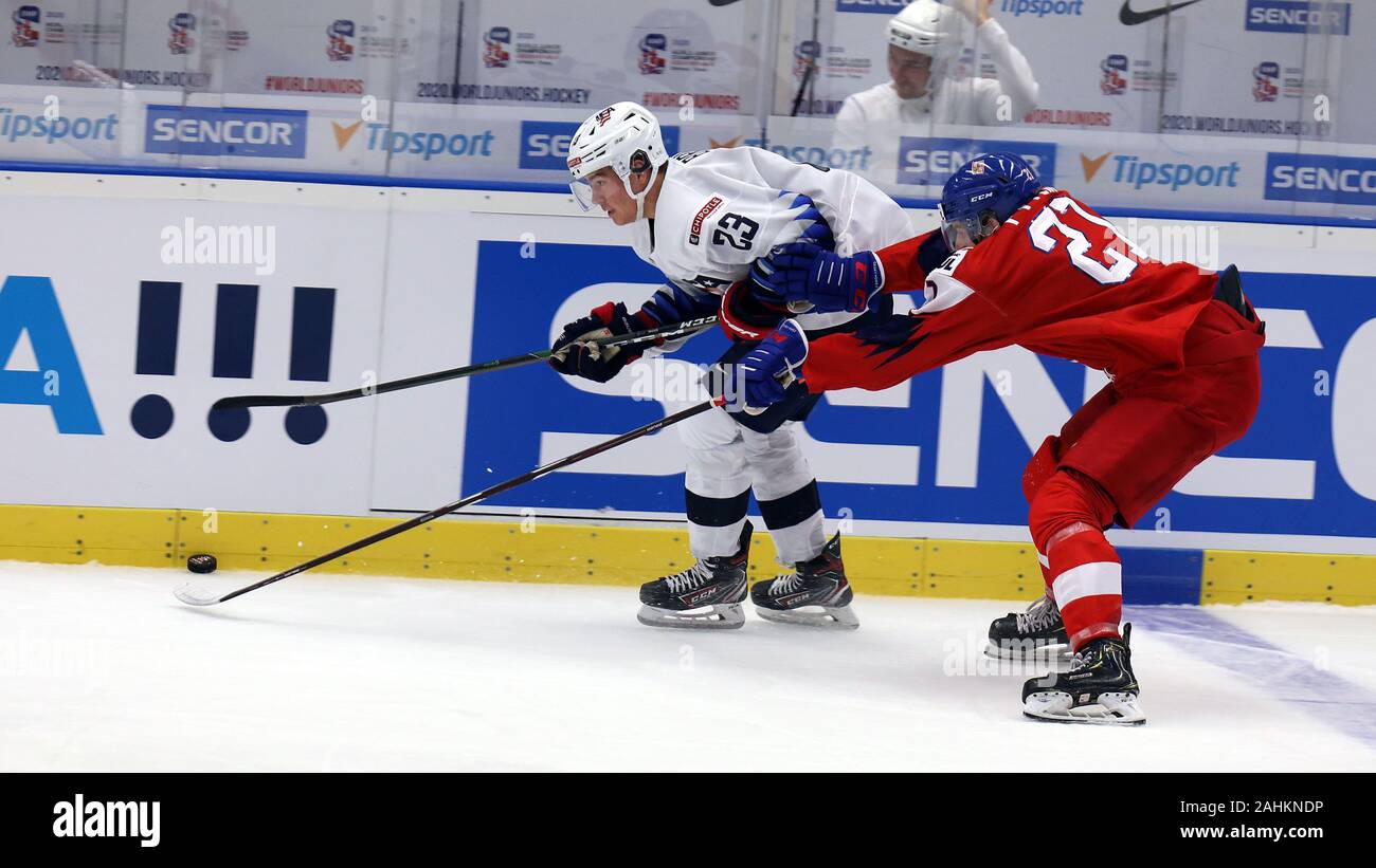 L-R Bobby Brink (USA) and Jaromir Pytlik (CZE) in action during the 2020 IIHF World Junior Ice ...