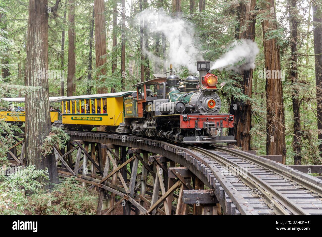 Steam train crossing an old trestle through redwood forest Stock Photo ...