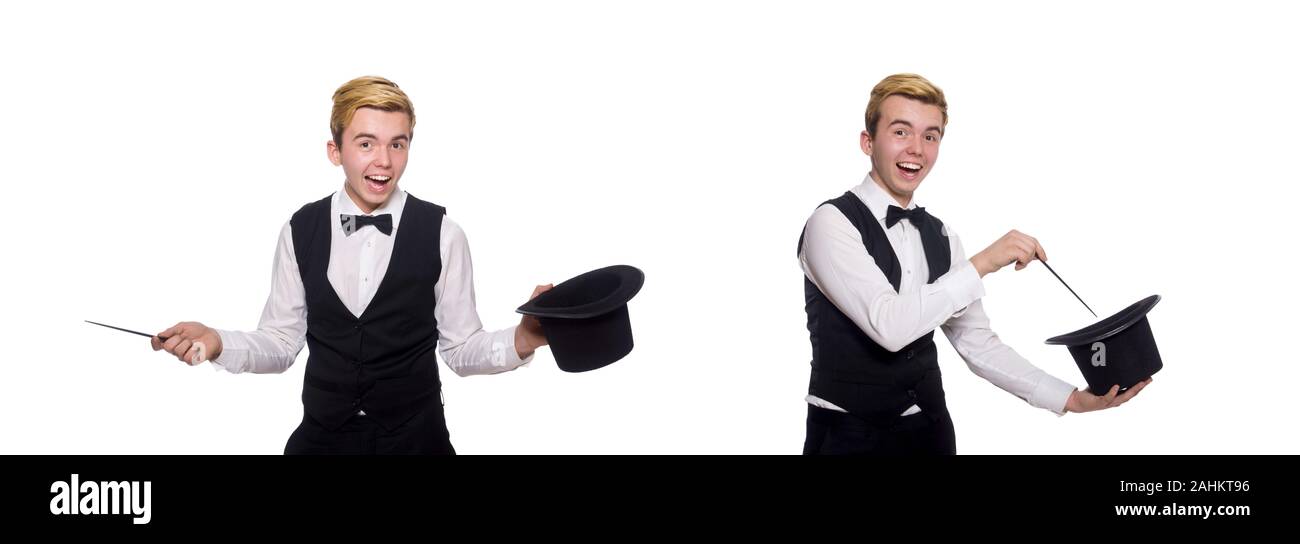 The magician with magic stick isolated on white Stock Photo - Alamy