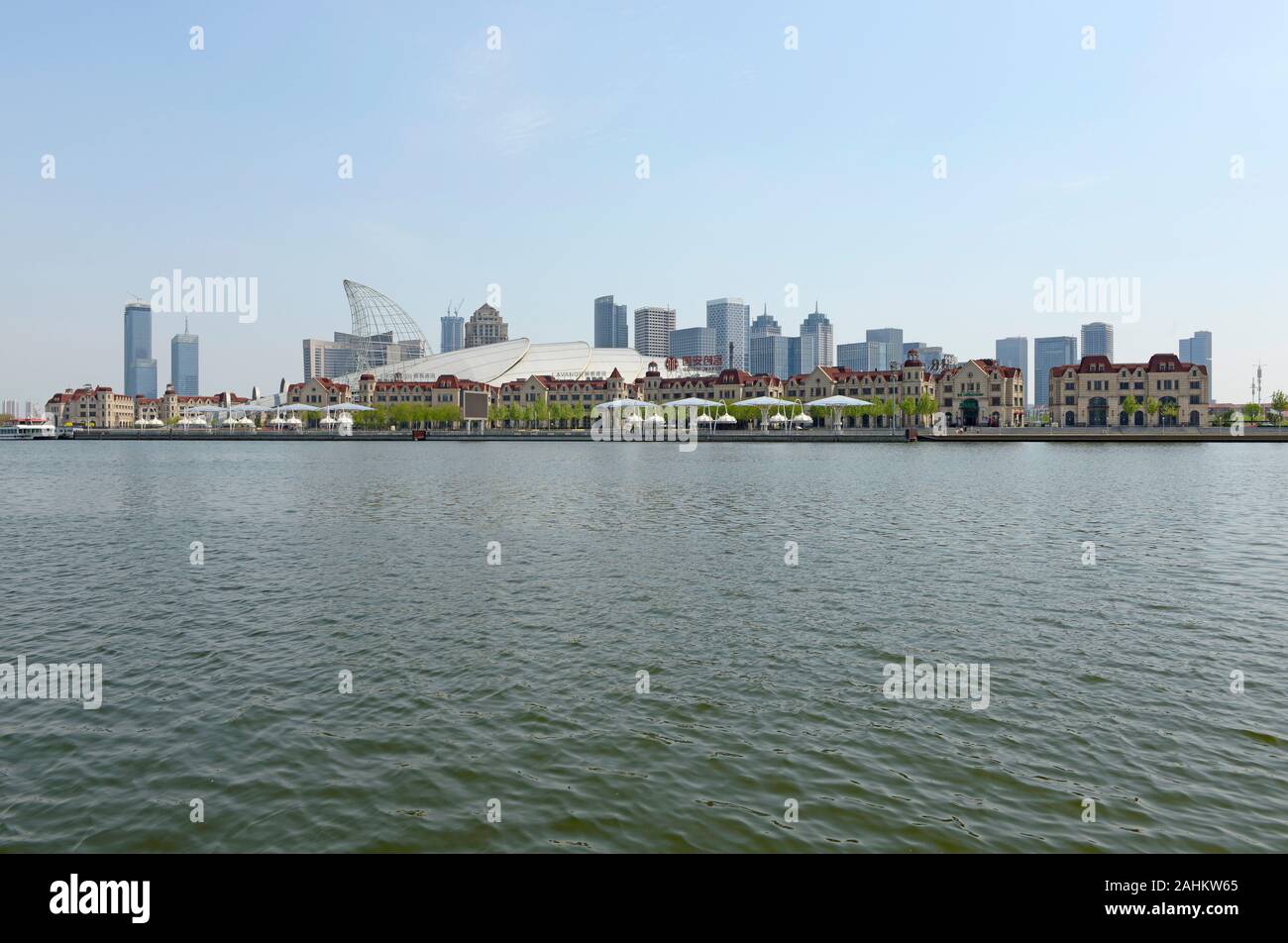 View across the Haihe river to the riverside of Binhai Free Trade Zone ...